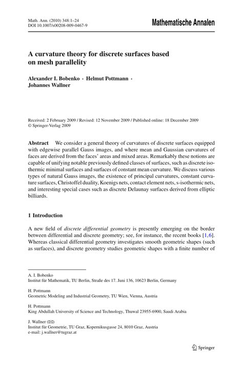 Pdf A Curvature Theory For Discrete Surfaces Based On Mesh Parallelity