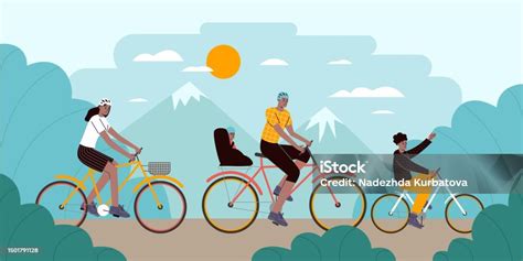 가족 자전거 타기 자전거를 탄 아이들과 함께 하는 만화 행복한 부모 야외 활동 자연 속에서 스포츠 주말 어머니와 아버지는 아들과 함께 공원에서 자전거를 타는 사람들 벡터
