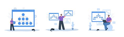 사이트맵 생성 개념 벡터 일러스트 세트입니다 웹사이트 Seo 관리 남성 개발자는 사이트 구조를 구성합니다 검색 최적화 순서도 Ui Ux Xml에 대한 스톡 벡터 아트 및