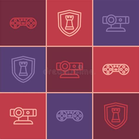 set line game controller or joystick web camera and chess shield icon vector stock vector