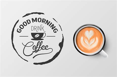 벡터 3d 사실적인 화이트 메탈 에나멜 머그잔 과 거품 커피 카푸치노 라떼 고립 타이포그래피 인용문이 있는 커피 컵 커피에 대한 문구 스톡 일러스트레이션 디자인 템플릿입니다