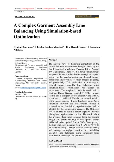 Pdf A Complex Garment Assembly Line Balancing Using Simulation Based Optimization