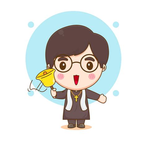 Cute Priest Holding Golden Bell Chibi Cartoon Character Illustration 7116187 Vector Art At Vecteezy
