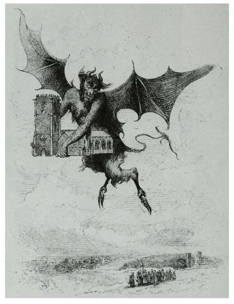 Medieval Woodcut Art Bat Flying Over Castle Lucifer Folklore