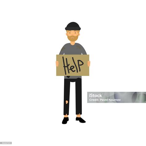 노숙자 남자 간판 실업 남자 도움 만화 벡터 일러스트 레이 션에 대 한 필요 도움에 대 한 요구와 날씨에 대한 스톡 벡터 아트 및 기타 이미지 Istock