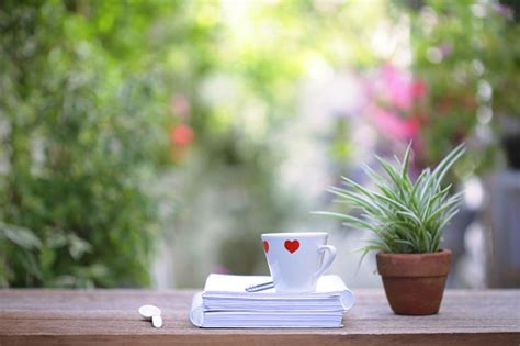 빨간 마음과 숟가락과 작은 식물 냄비와 나무 테이블에 책 흰색 컵 꽃 나무에 대한 스톡 사진 및 기타 이미지 꽃 나무 꽃