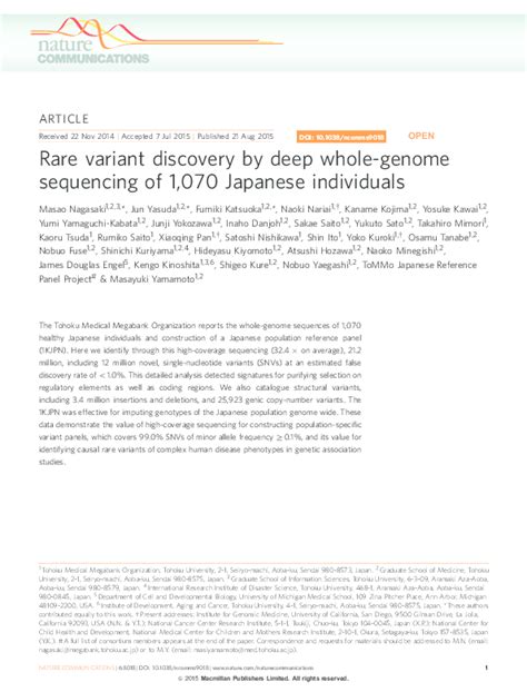 Pdf Rare Variant Discovery By Deep Whole Genome Sequencing Of 1 070 Japanese Individuals
