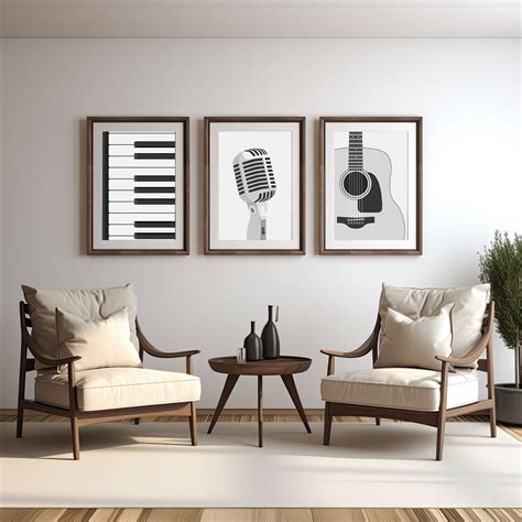 Set Of 3 Music Posters Piano Guitar And Microphone Ts For Musicians
