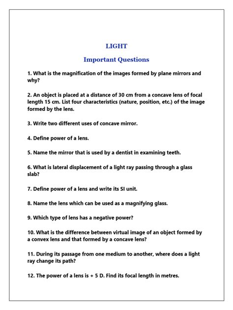 Light Questions Pdf Mirror Optics