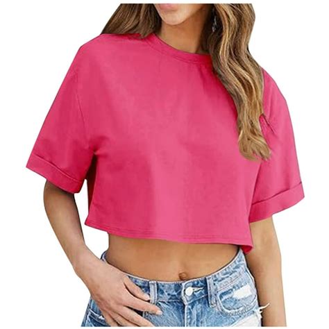 Blvb Women Crop T Shirts Half Sleeve Drop Shoulder Round Neck Cropped