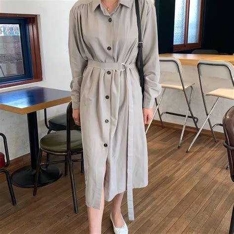 레트로 2021 여성 가을 새로운 패션 기질 싱글 브레스트 솔리드 컬러 드레스 옷깃 우아한 여성 Outwear 긴 드레스드레스