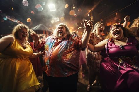 Premium Photo A Group Of Fat Overweight People Are Dancing Together In Disco Club Old Plussize