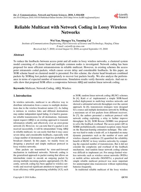 Pdf Reliable Multicast With Network Coding In Lossy Wireless Networks