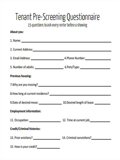 Free 9 Sample Tenant Questionnaire Forms In Ms Word Pdf