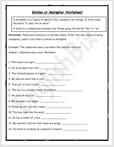 Similes And Metaphors Worksheets Engaging Exercises For Figurative Language Practice