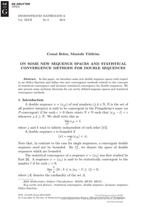Pdf On Some New Sequence Spaces And Statistical Convergence Methods For Double Sequences