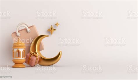 랜턴 초승달 선물 상자 쇼핑백 라마단 카림 마울리드 이프타르 이스라 미라지 이드 알 피트르 아다 무하람 만화 스타일 복사 공간 3d 그림이 있는 이슬람 판매 장식 배경