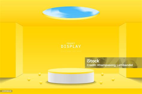 백색 노란색 3d 실린더 연단 받침대 구름 푸른 하늘 원 둥근 창 천장 및 직사각형 기둥 구체 공으로 사실적입니다 모형을 위한 최소한의 장면 쇼케이스 3d 벡터 렌더링 0