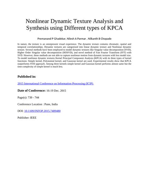 Pdf Nonlinear Dynamic Texture Analysis And Synthesis Using Different Types Of Kpca