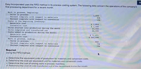 Solved Easy Incorporated Uses The Fifo Method In Its Process