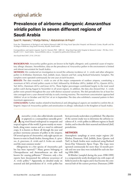 Pdf Prevalence Of Airborne Allergenic Amaranthus Viridis Pollen In Seven Different Regions Of