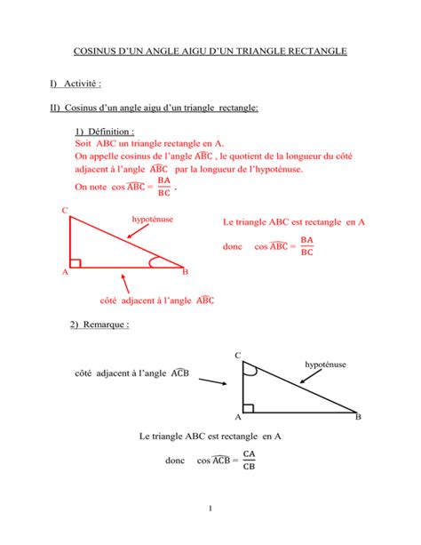 Cours Cosinus D`un Angle Aigu Dans Un Triangle Rectangle