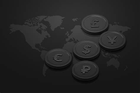 국제 교환 동전 통화 돈 경제 현금 금융 사업 3d 검은 배경 글로벌 금융 은행 시장 유로 달러 엔 파운드 루블 부 세계지도 해외 송금 개념 0명에 대한 스톡 사진 및 기타