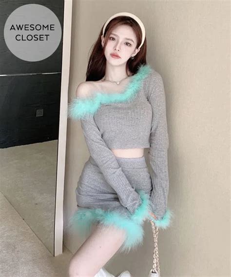 해외 연말 파티룩 섹시룩 에코퍼 언발 크롭 니트탑슬림 미니스커트set