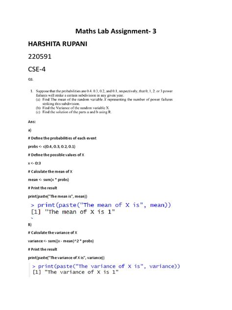 Maths Lab Assignment 3 Pdf Expected Value Mathematics