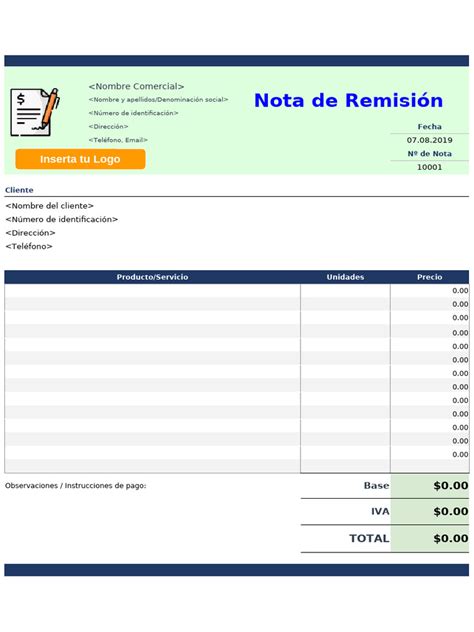 Plantilla De Nota De Remisión En Excel Pdf