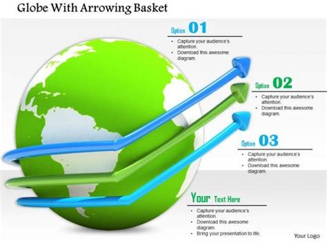 Stock Photo Arrows On Globe Showing Three Steps PowerPoint Slide