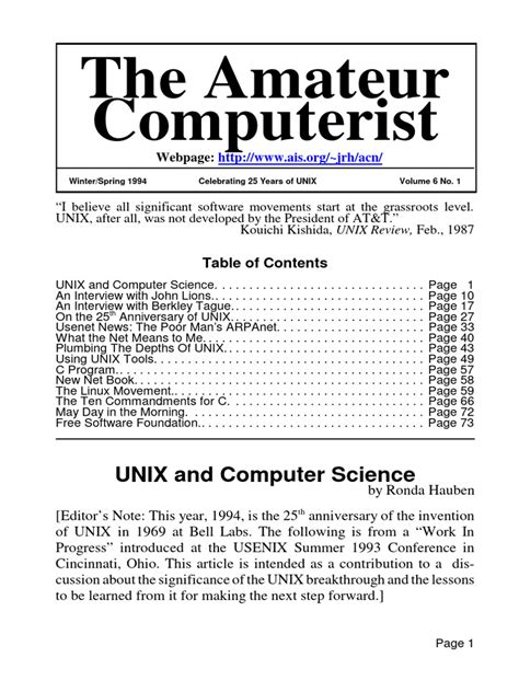 Unix And Computer Science Acn6 1 One Column Pdf Operating