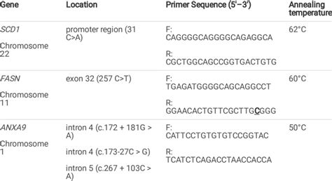 localization of snps and primer sequences for the tested genes