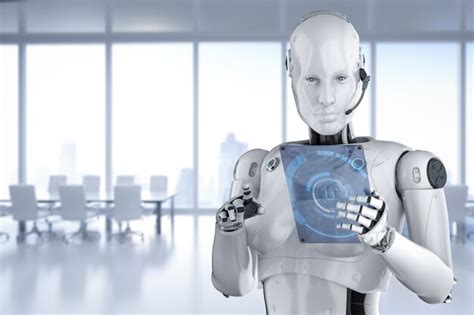 Premium Photo Automation Worker Concept With 3d Rendering Female Cyborg Or Robot With Glass Tablet