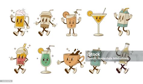 복고풍 만화 음료 캐릭터 벡터 일러스트 레이 션의 세트입니다 만화에 대한 스톡 벡터 아트 및 기타 이미지 만화 복고풍 유리잔 Istock