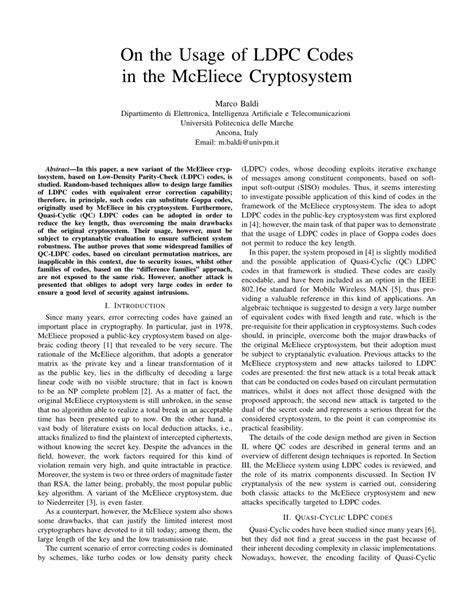Pdf Ldpc Codes In The Mceliece Cryptosystem