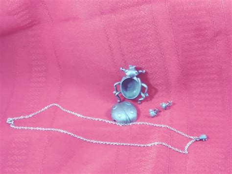 1990s Ladybug Pewter Necklace And Post Earring Set W… Gem