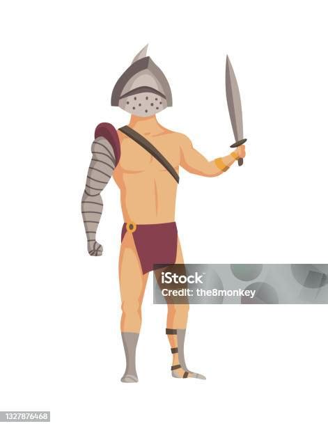 고대 로마 검투사 칼과 갑옷에 벡터 로마 전사 캐릭터 만화 스타일의 플랫 일러스트 전투에 대비한 무장 세력 Empire에 대한