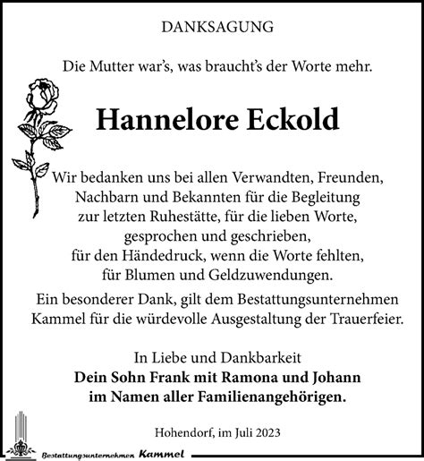 Traueranzeigen Von Hannelore Eckold Trauer Anzeigen De