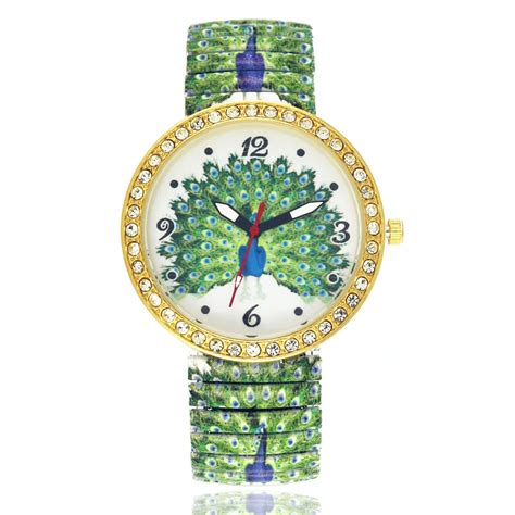 다이아몬드 박힌 공작 시계 여성 패션 탄성 밴드 스트랩 쿼츠 시계 선물 시계휴대용 And 회중 시계 Aliexpress