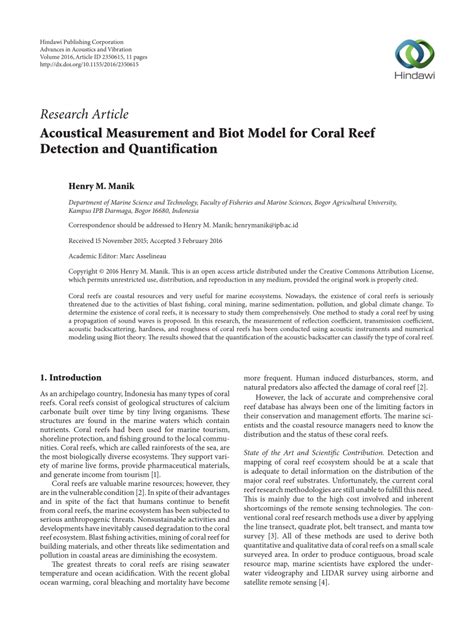 Pdf Acoustical Measurement And Biot Model For Coral Reef Detection