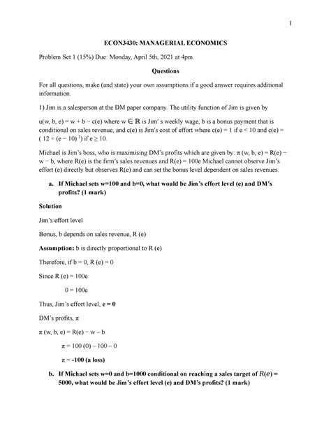 Answer For Problem Set ECON MANAGERIAL ECONOMICS Problem Set Due Monday