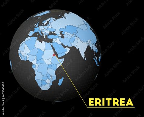 eritrea on dark globe with blue world map red country highlighted satellite world view