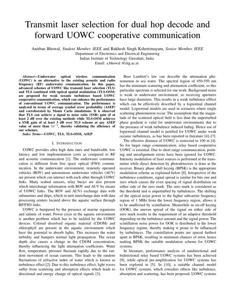 Pdf Transmit Laser Selection For Dual Hop Decode And Forward Uowc
