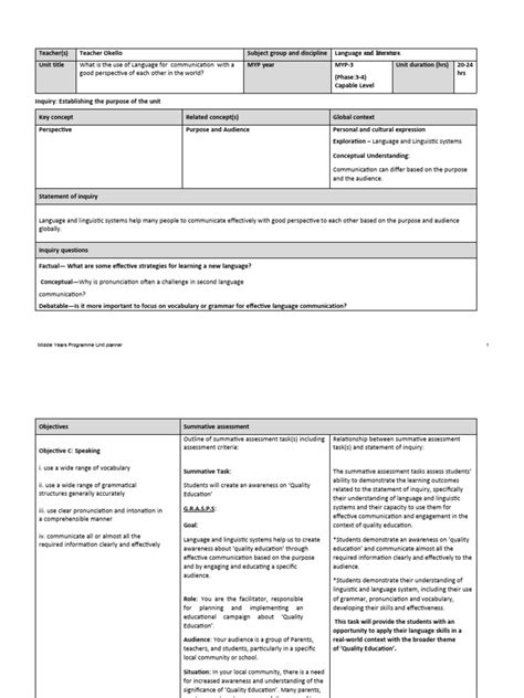 Myp Unit Plan G8 Perspective Pdf Communication Public Speaking