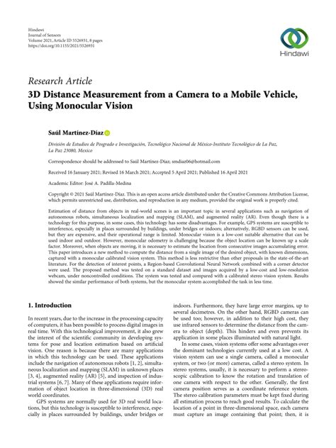 PDF D Distance Measurement From A Camera To A Mobile Vehicle Using Monocular Vision