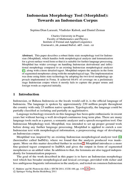 Indonesian Morphology Tool Morphind Towards An Indonesian Corpus Pdf Morphology
