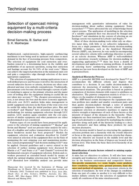 samanta et al 2002 selection of opencast mining equipment by a multi