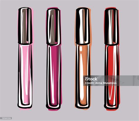 립 글로스 튜브 템플릿 세트 다양한 색상의 립 크림 흰색 배경에 고립 된 화장품 립스틱 컬렉션 패션 스케치 일러스트레이션 0명에 대한 스톡 벡터 아트 및 기타 이미지