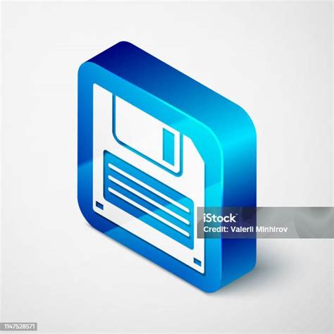 컴퓨터 데이터 저장 아이콘 흰색 배경에 고립에 대 한 아이소메트릭 플로피 디스크 디스켓 기호입니다 파란색 사각형 버튼을 클릭 합니다 벡터 일러스트 0명에 대한 스톡 벡터